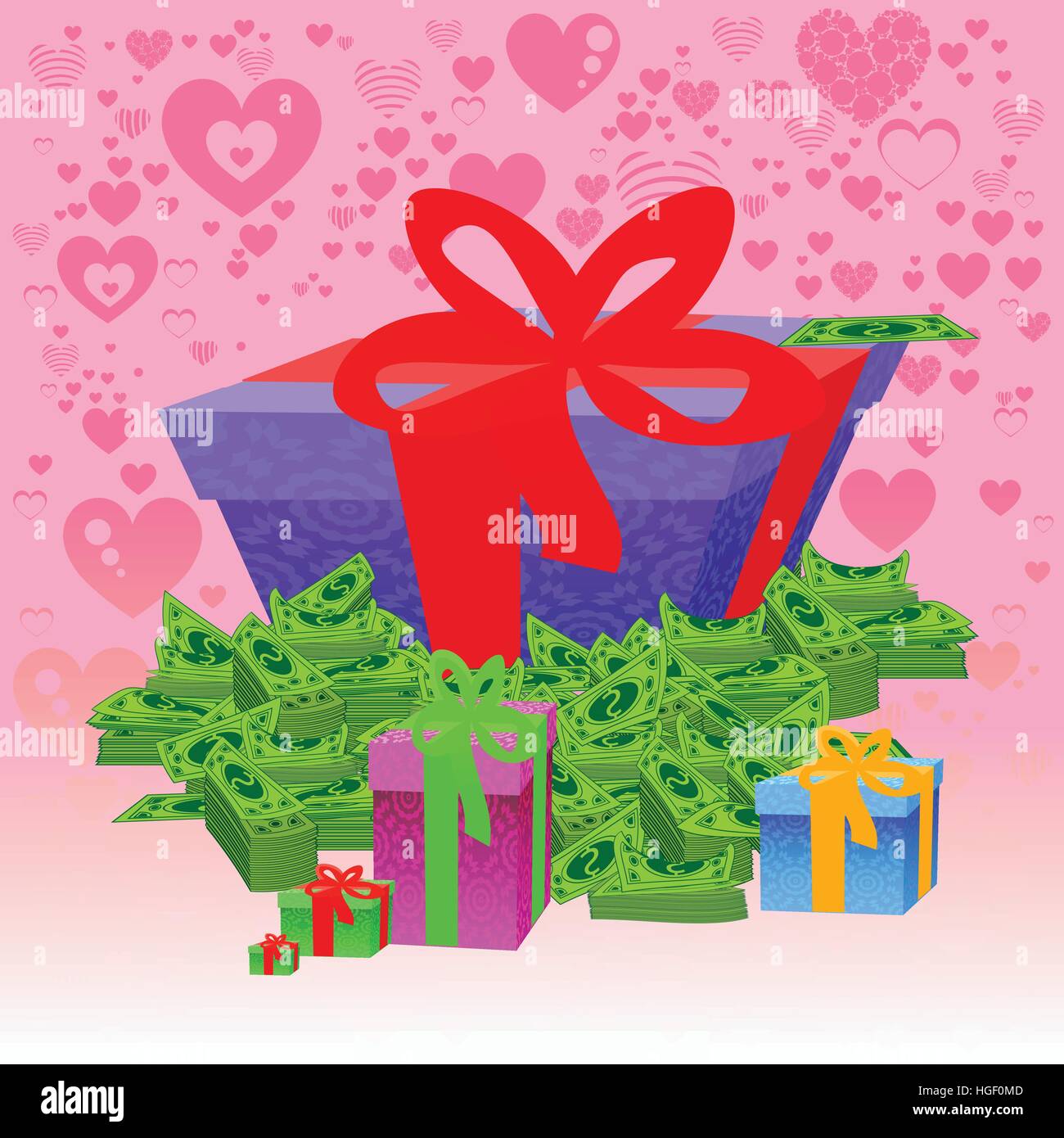 A gift and a lot of money dollars. illustration. isolation on a white ...