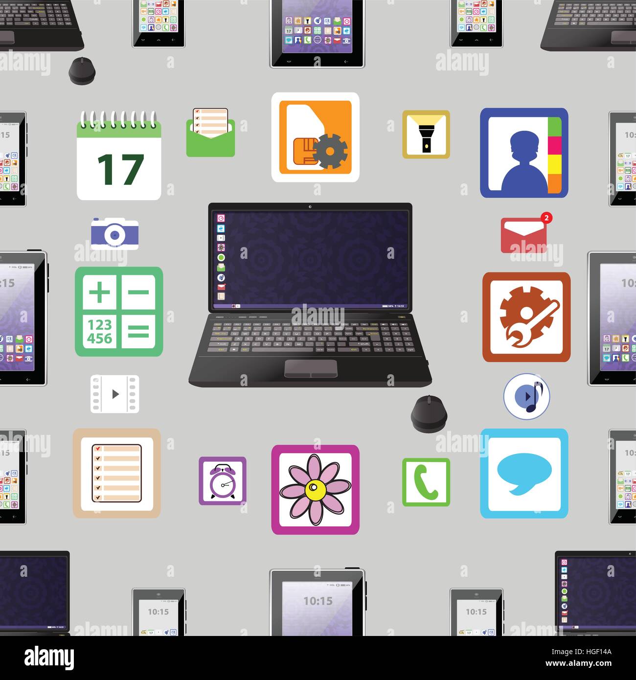 Laptop, smartphone, tablet and labels. Seamless pattern. computer on ...