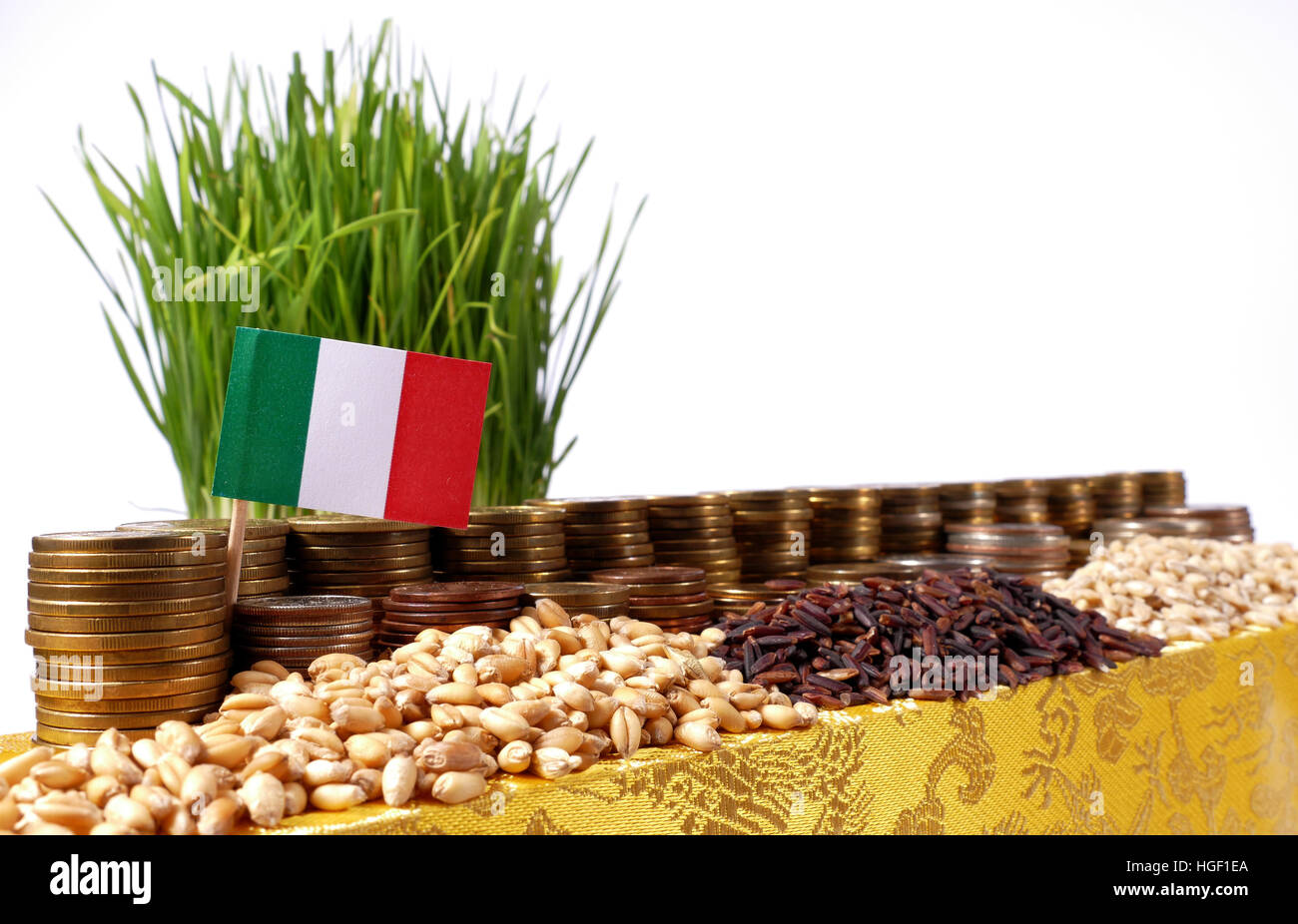 Italy flag waving with stack of money coins and piles of wheat and rice ...