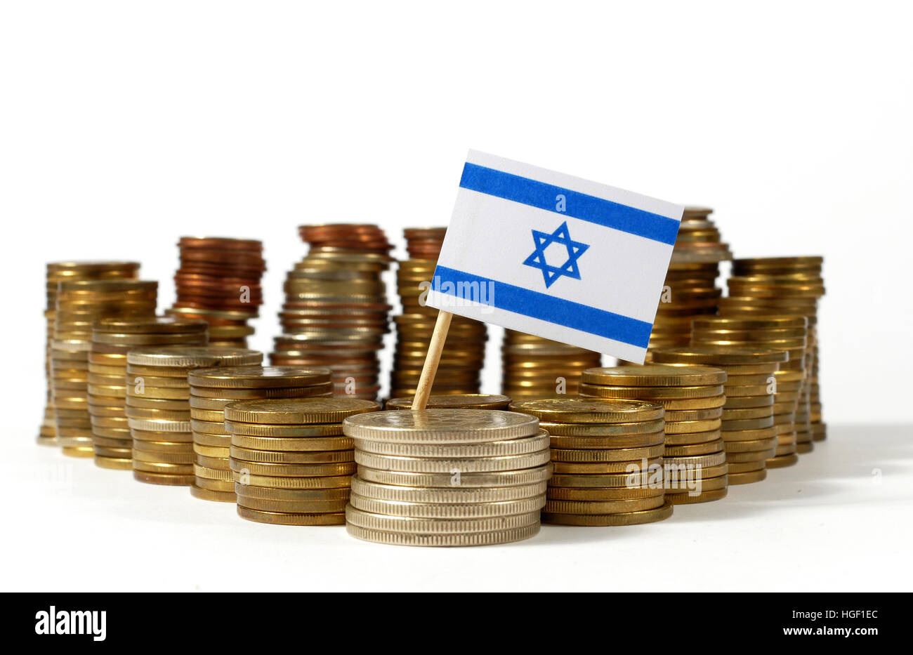 Israel flag waving with stack of money coins Stock Photo - Alamy