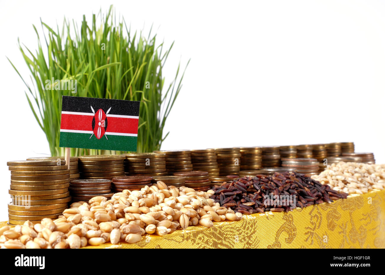 Kenya flag waving with stack of money coins and piles of wheat and rice ...