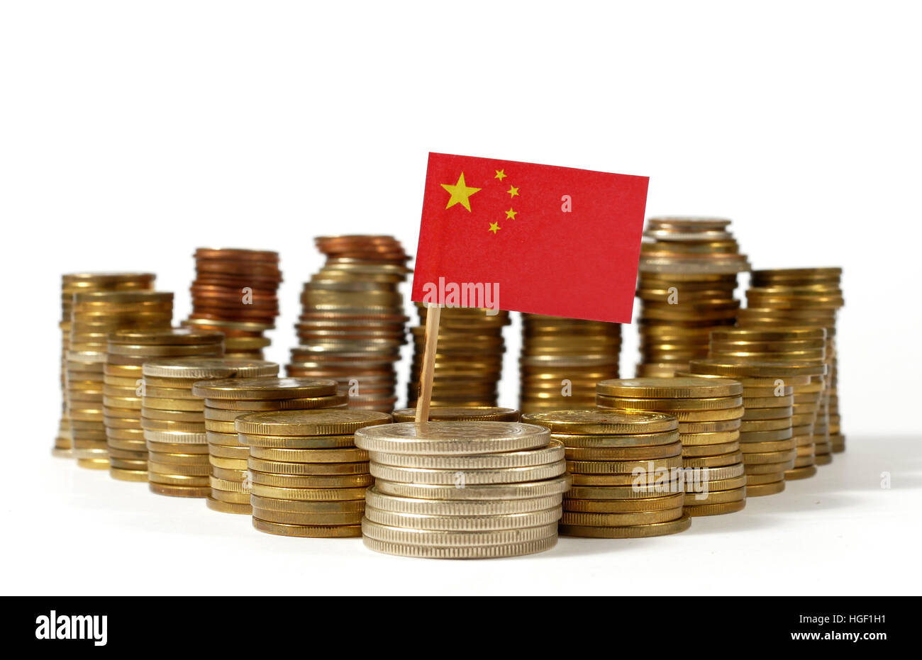 People's Republic of China flag waving with stack of money coins Stock ...