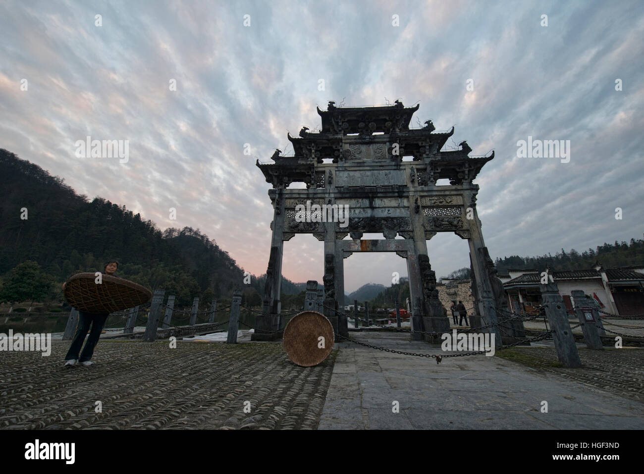 Paifang entrance gate to the UNESCO World Heritage ancient village of ...