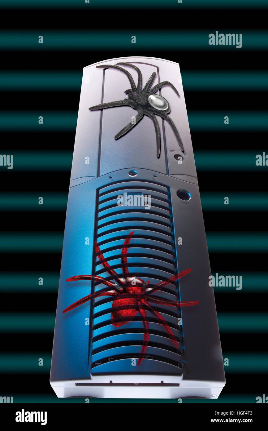 Spiders on a PC tower, symbol for web crawling or spidering ...