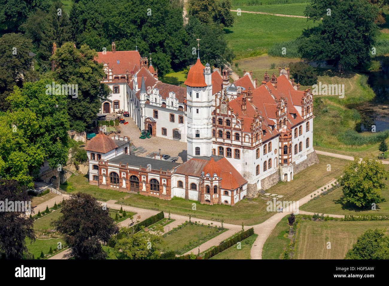 Aerial view, Basedow Castle, Mecklenburg Lake Plateau, Mecklenburg ...