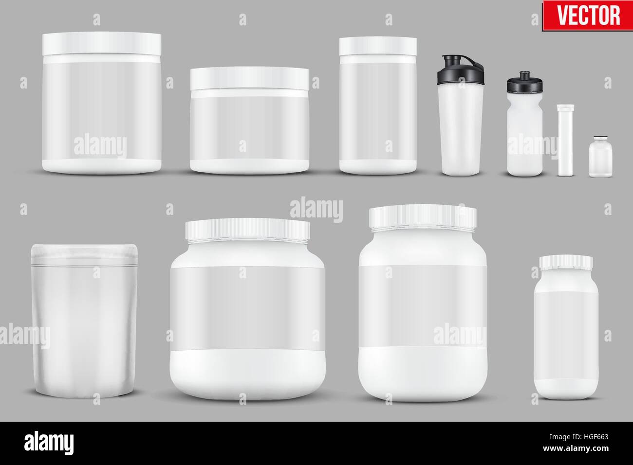 Big Set of Template Sport Nutrition Containers. Plastic Jars and foil ...