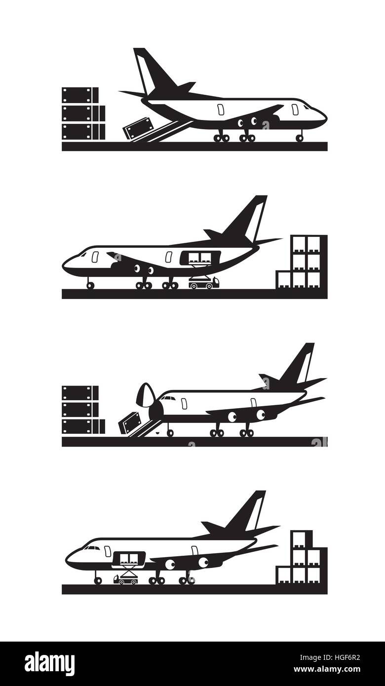 Different types of loading cargo airplane - vector illustration Stock ...