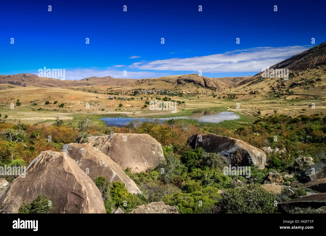 Ricefields as a part of stunning rural landscape of Madagascar central ...