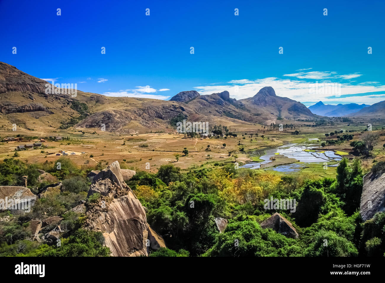 Ricefields as a part of stunning rural landscape of Madagascar central ...
