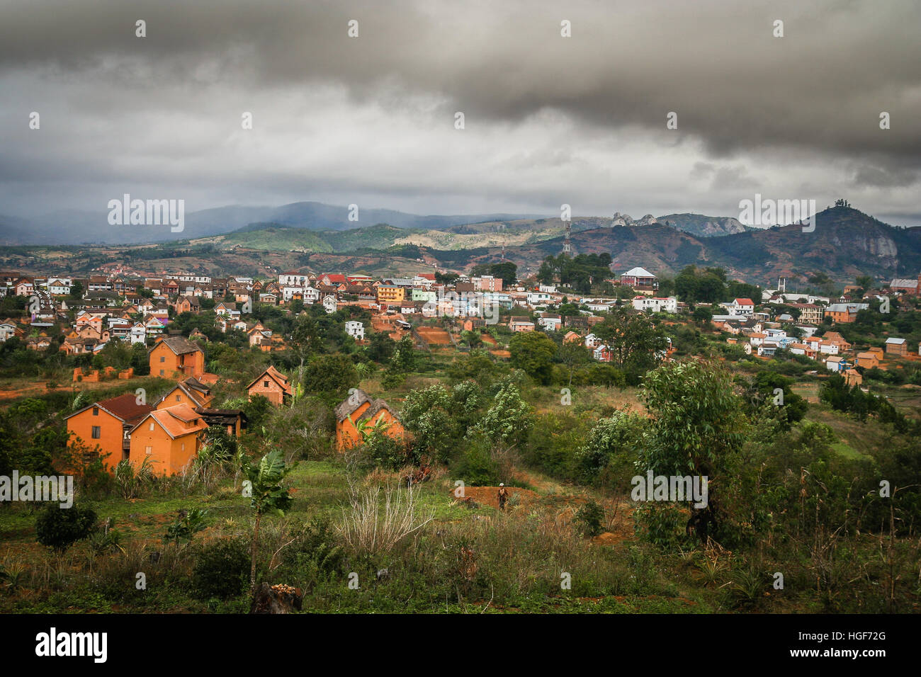 Landscape of Madagascar central highlands with small town in the valley ...
