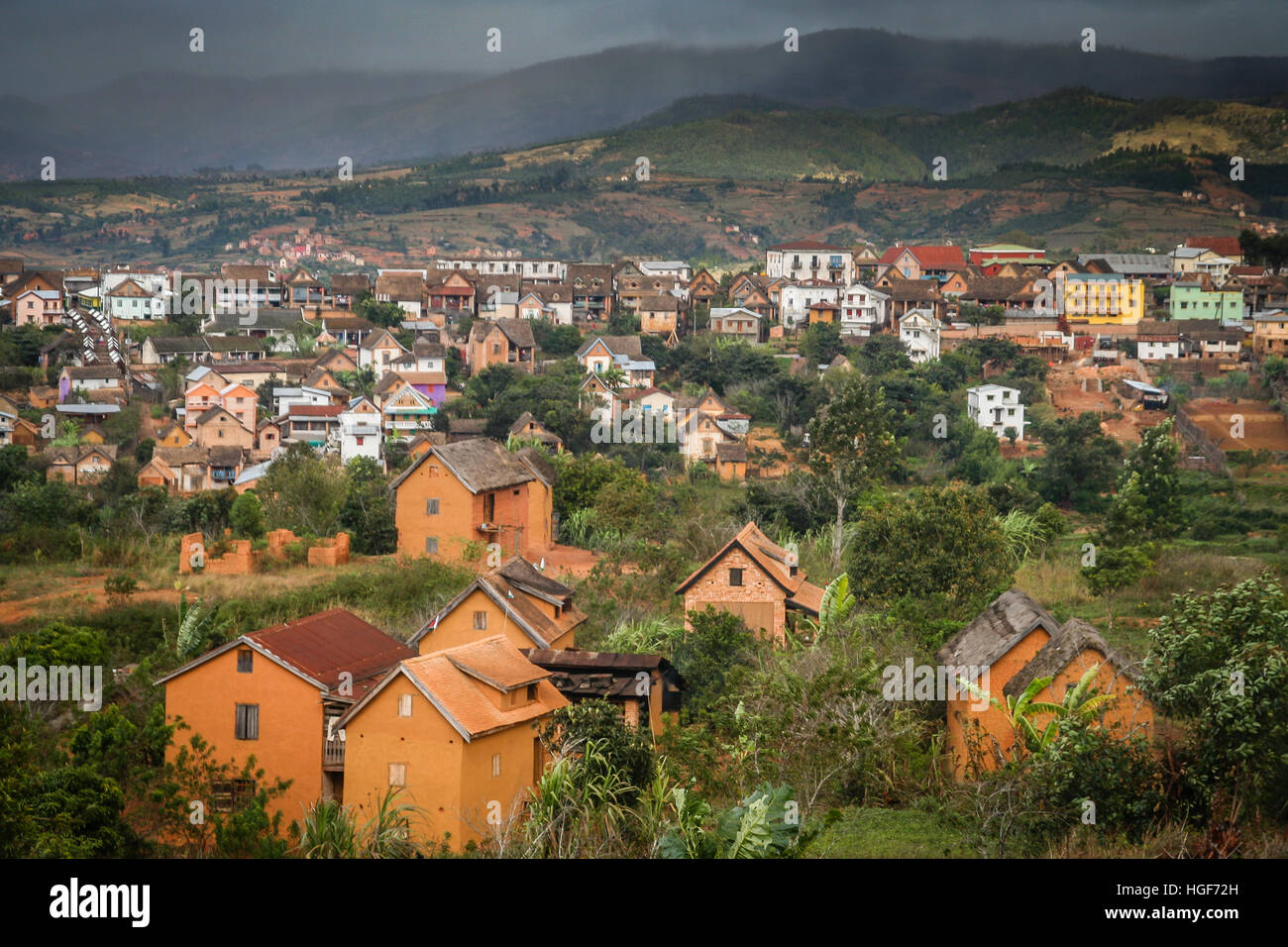 Landscape of Madagascar central highlands with small town in the valley ...
