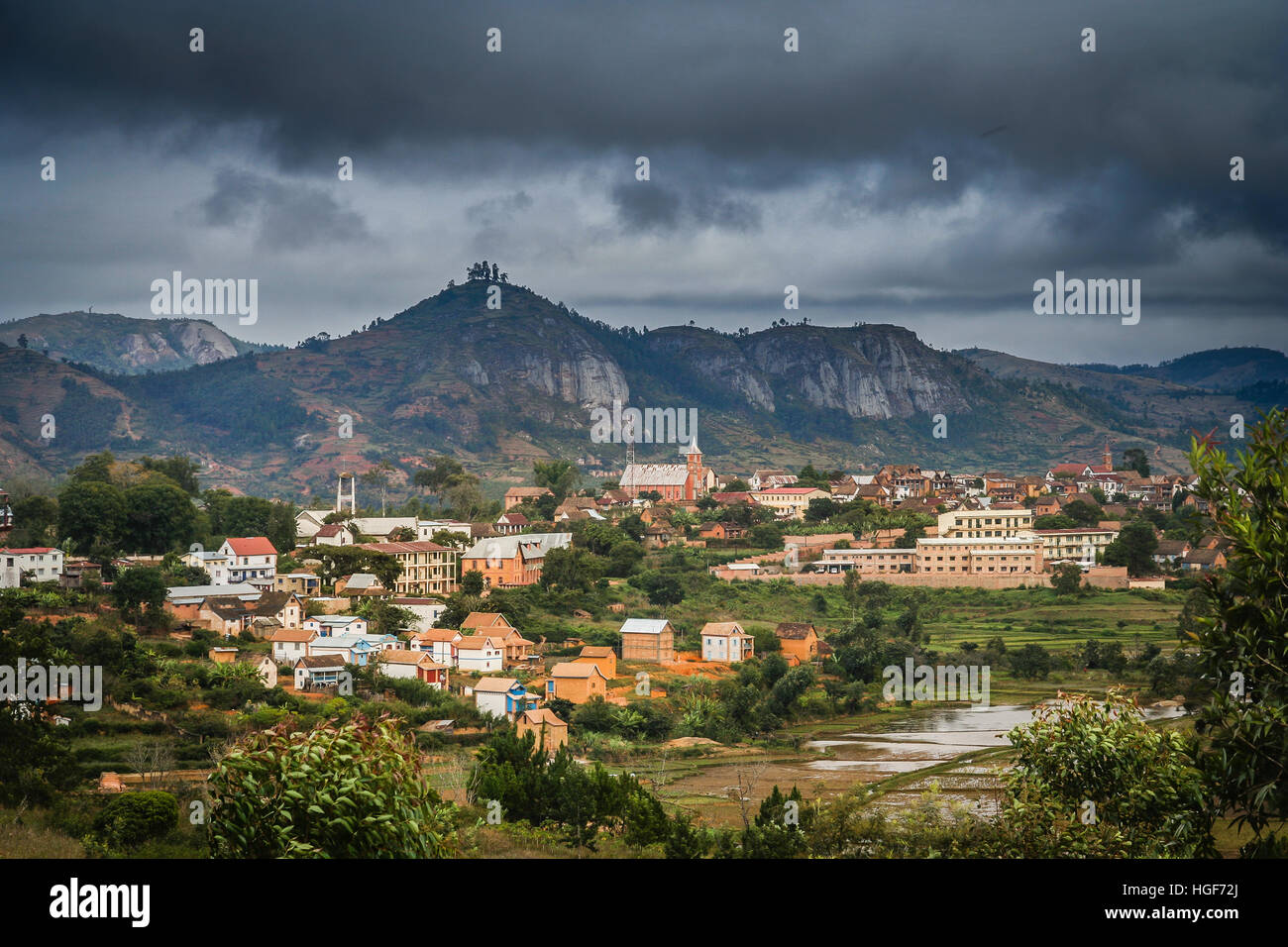 Landscape of Madagascar central highlands with small town in the valley ...