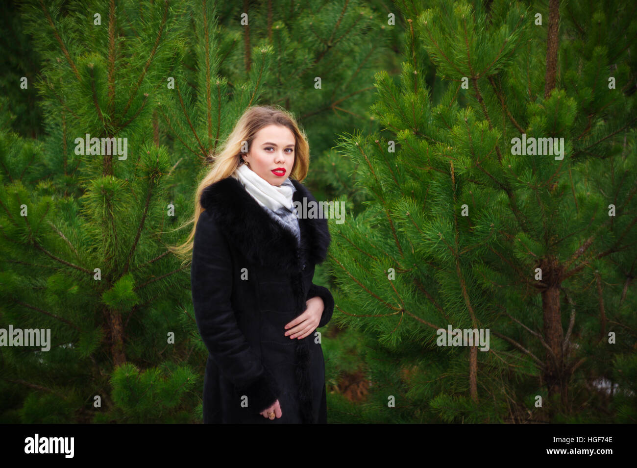 Woman posing in pines Stock Photo - Alamy