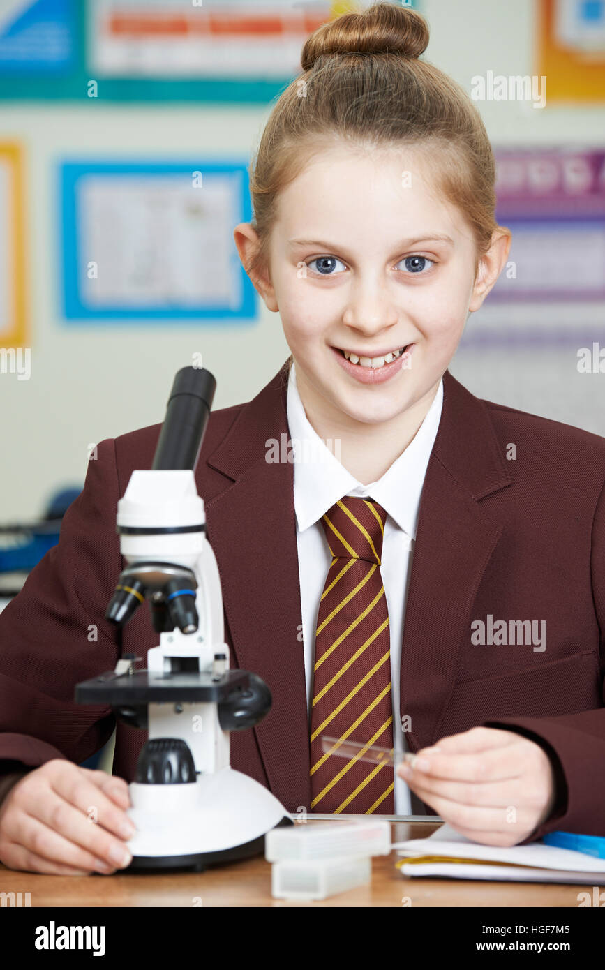 Female Pupil Using Microscope In Science Lesson Stock Photo - Alamy