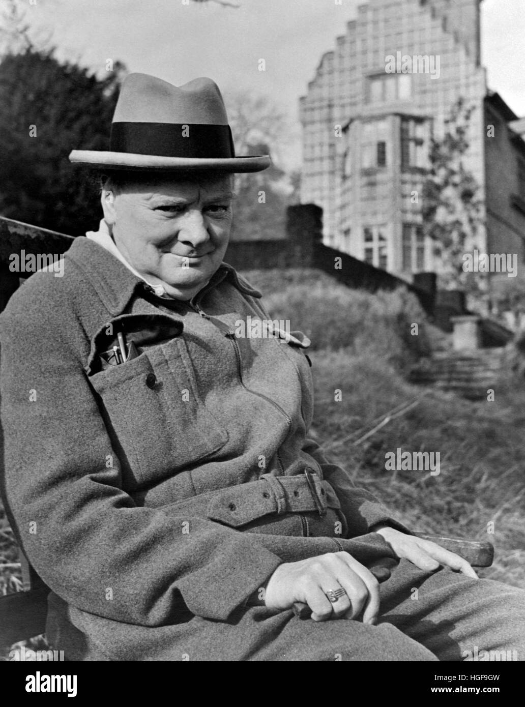 Churchill in siren suit outside his country home, Chartwell, Kent. 1950 ...