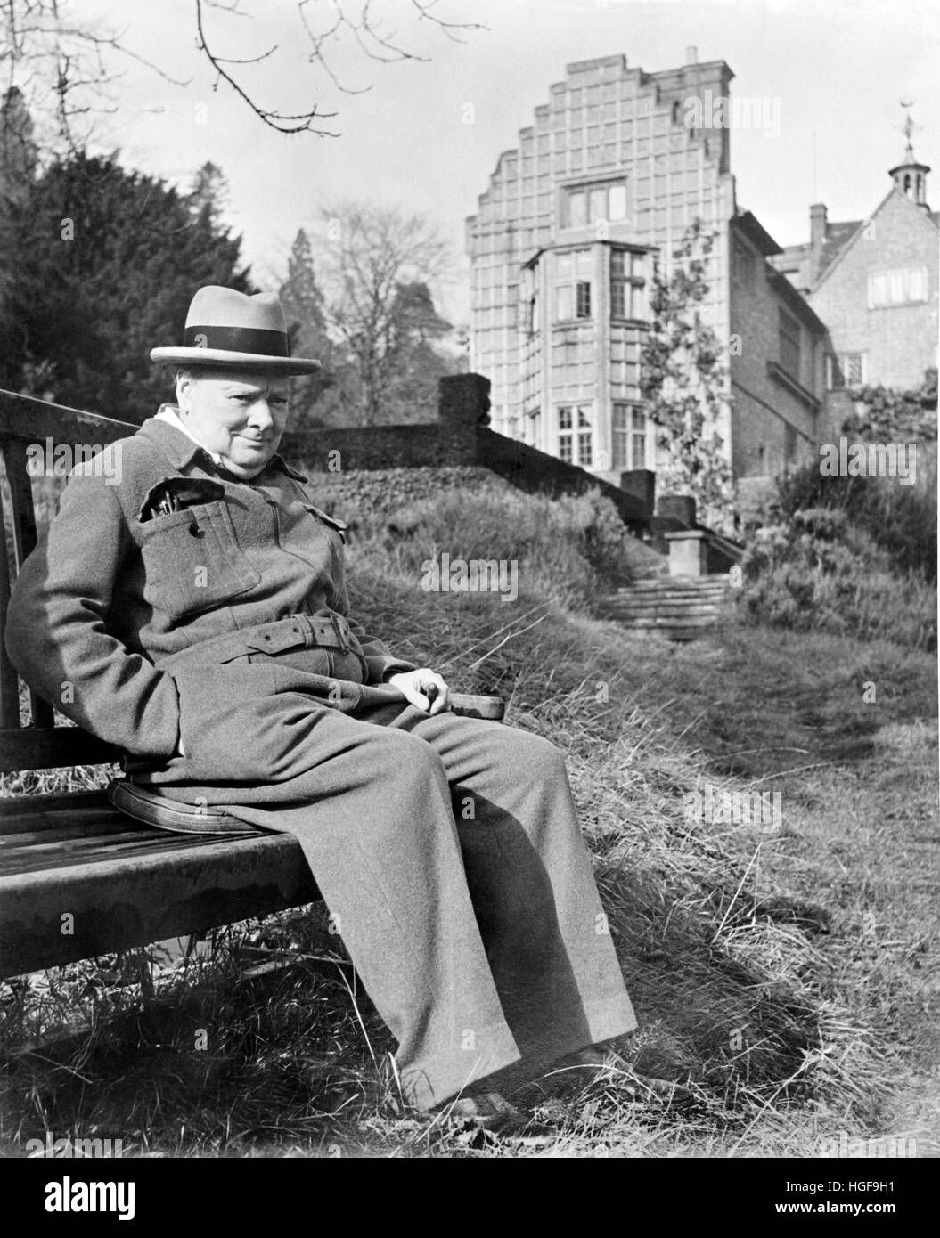 Churchill in siren suit outside his country home, Chartwell, Westerham ...