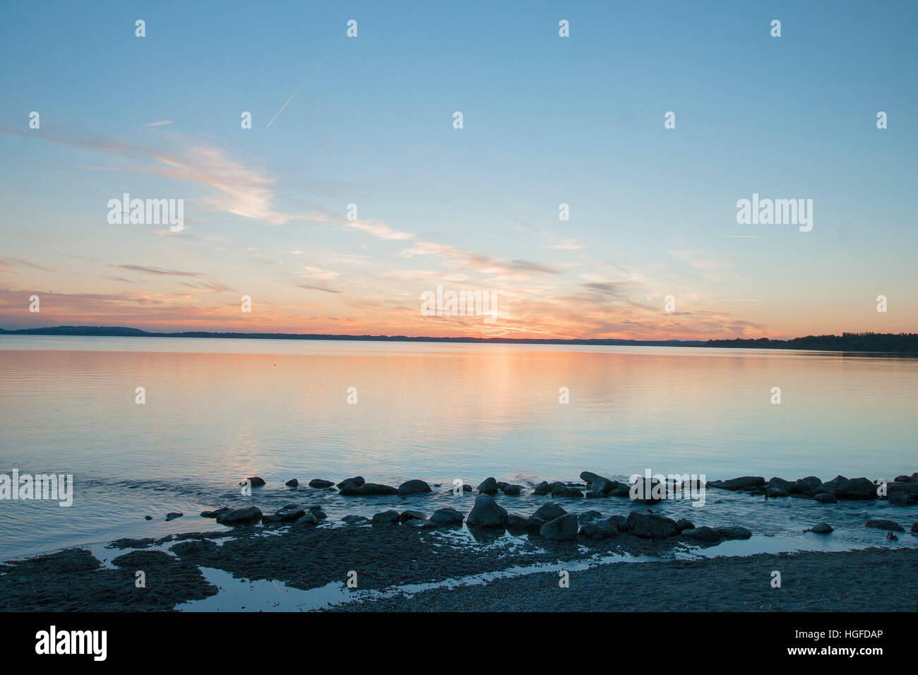 Sundown over the Chiemsee with Chieming Stock Photo - Alamy