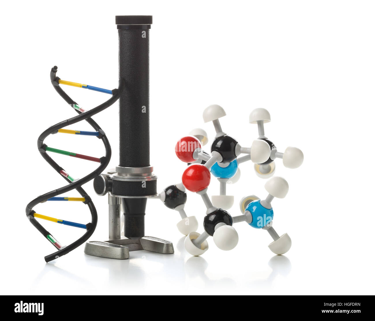 Chemical molecule and DNA structure model with old microscope over ...