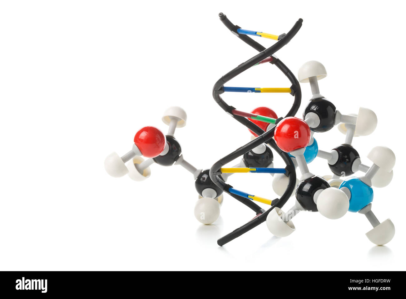 Chemical molecule model and DNA structure model over white background ...