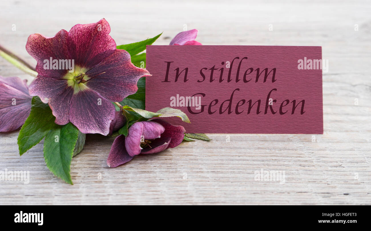 German speaking Mourning card with purple hellebores Stock Photo - Alamy