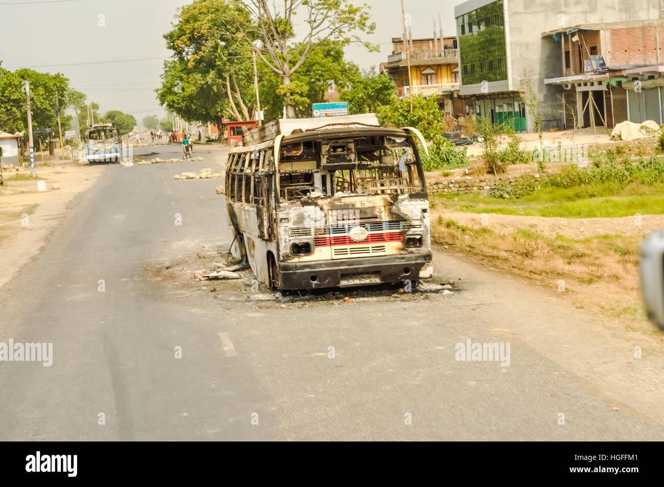 Nepal - circa May 2012: Photo of wreck of burned bus in Nepal general ...