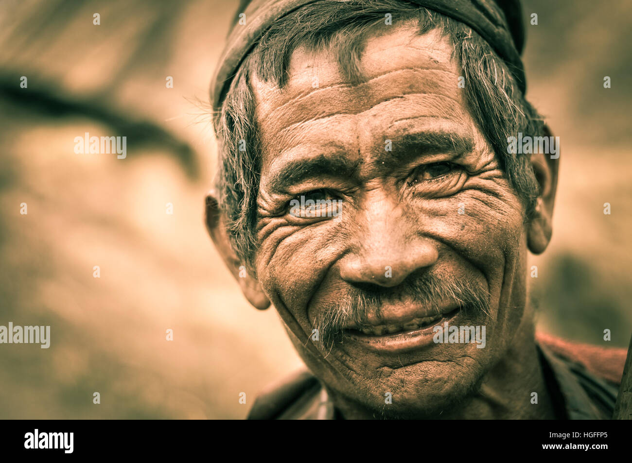 Dolpo, Nepal - circa May 2012: Photo of old wrinkled man with grey hair ...