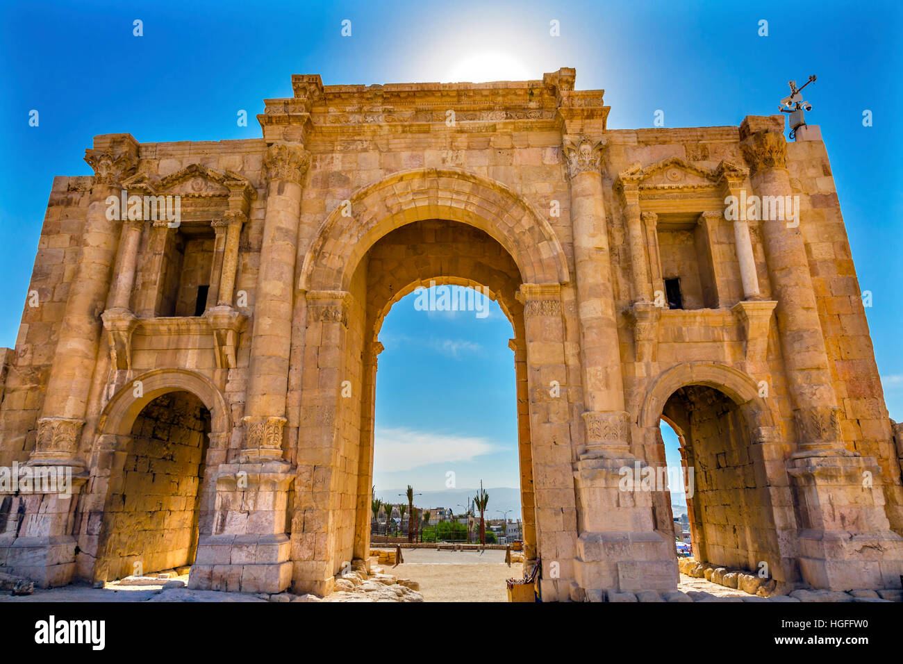 Hadrian's Arch Gate Sun Ancient Roman City Jerash Jordan. Jerash came ...