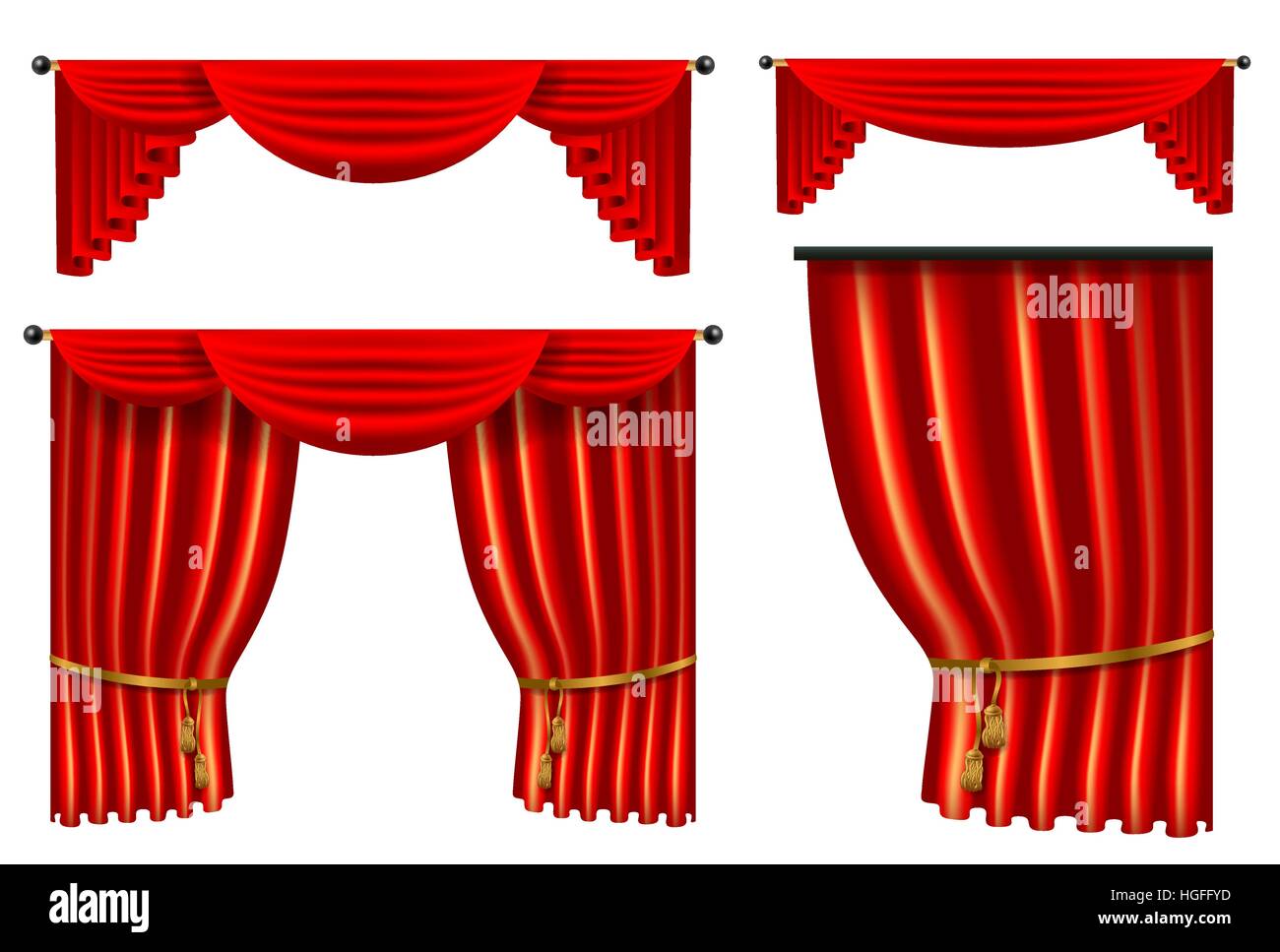 set of 3d red luxury silk curtain, realistic interior decoration Stock ...