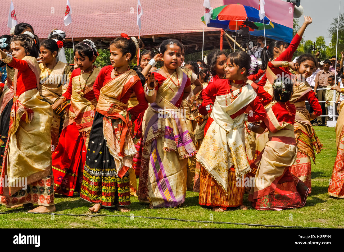 Guwahati, Assam - circa April 2012: Young girls in beautiful sari pose ...