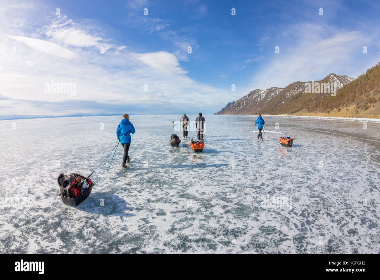 woman and a man with a sledge and trekking pole is ice of Baikal Stock ...