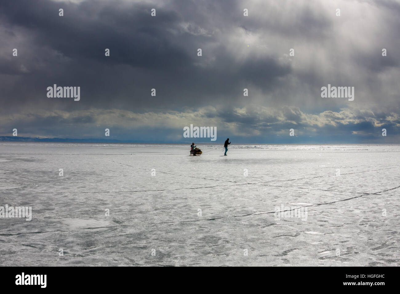 woman and a man with a sledge and trekking pole is ice of Baikal Stock ...