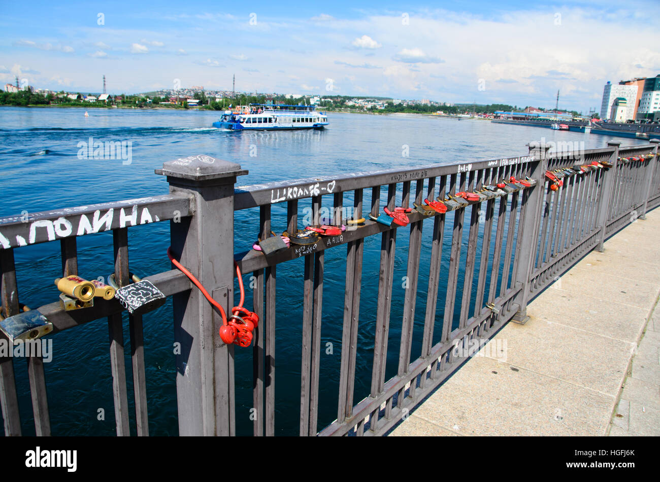 Padlocks for forever love on the fence near Angara River Stock Photo ...