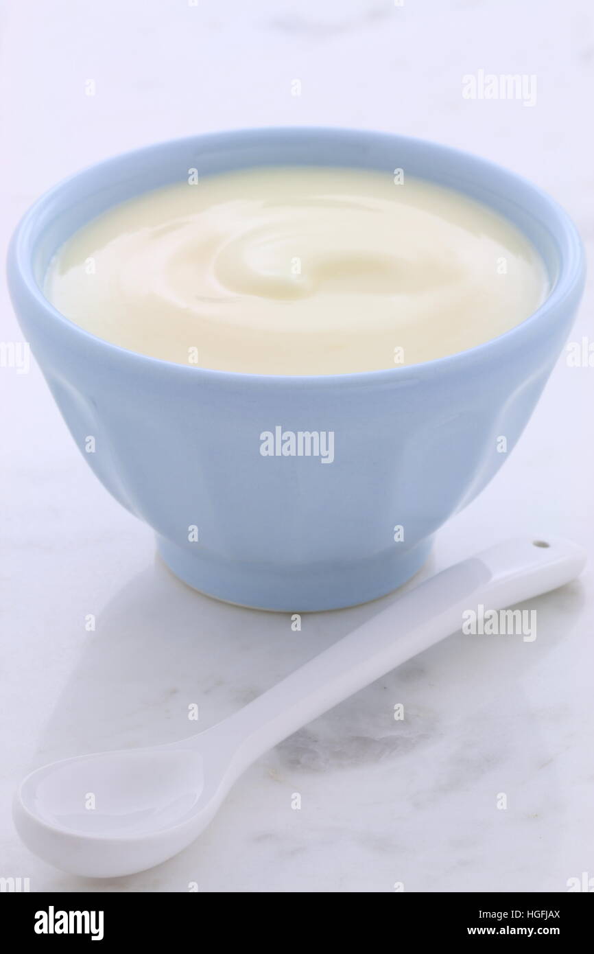 Delicious, nutritious and healthy fresh plain yogurt on vintage carrara ...