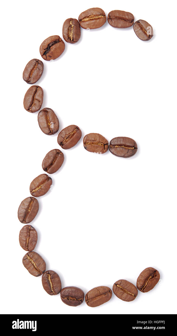 letter E from coffee beans with shadow isolated on white Stock Photo ...