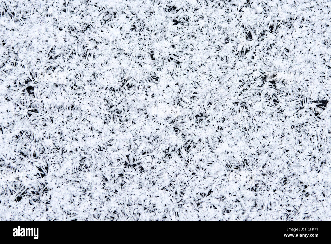 Ice and snow formed over the frozen water surface on the pond in winter ...