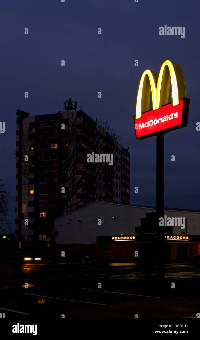 McDonalds sign and tower block at night, Kingston upon Hull, East ...