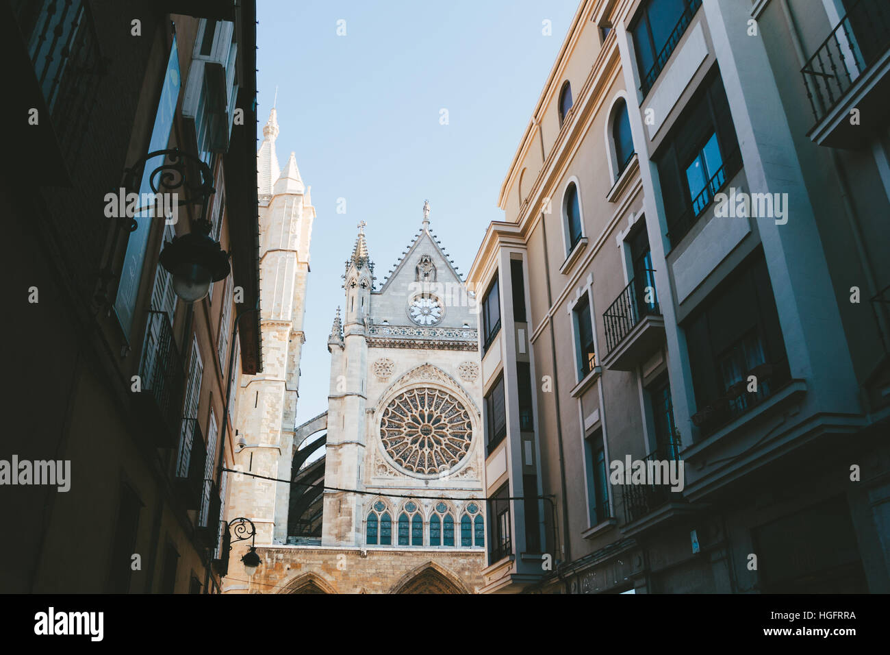 View of León gothic cathedral from a side street Stock Photo - Alamy