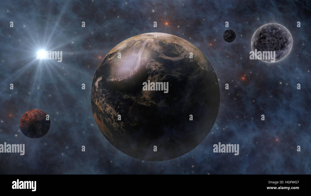 Planet Earth, The Sun, The Moon and Planets In Space 3D Rendering Stock ...