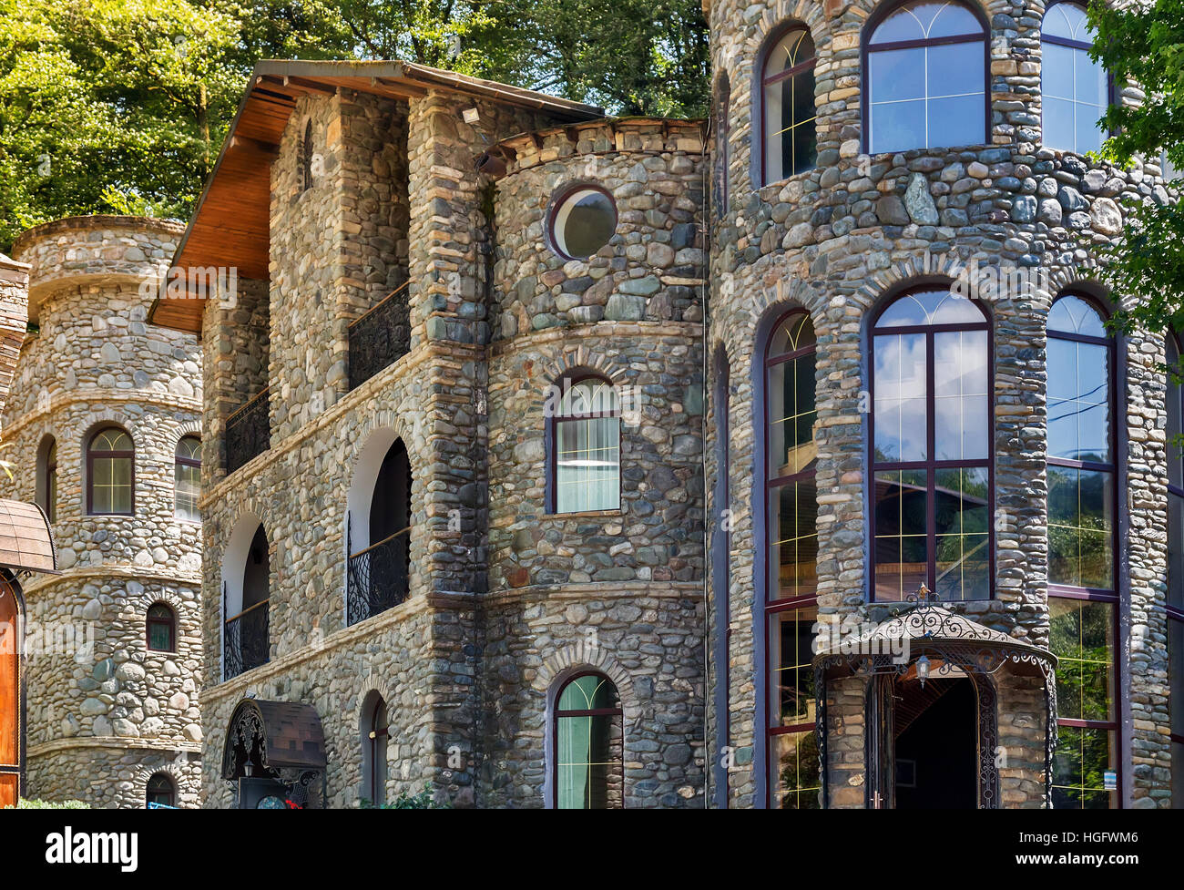 Detail of the facade of the hotel, whose walls are decorated with ...