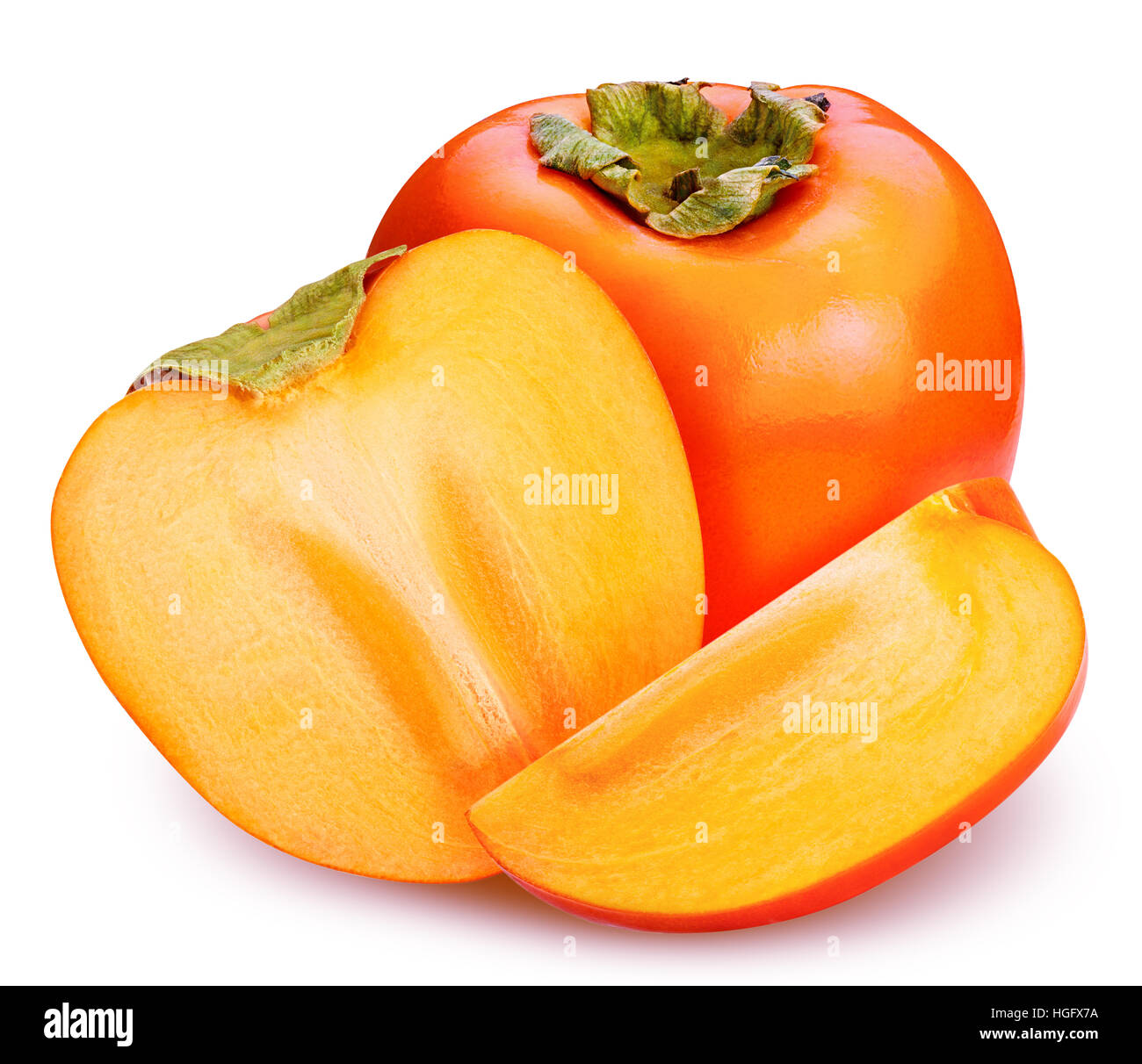 Persimmon cut slice bite Set isolated on white background clipping path ...