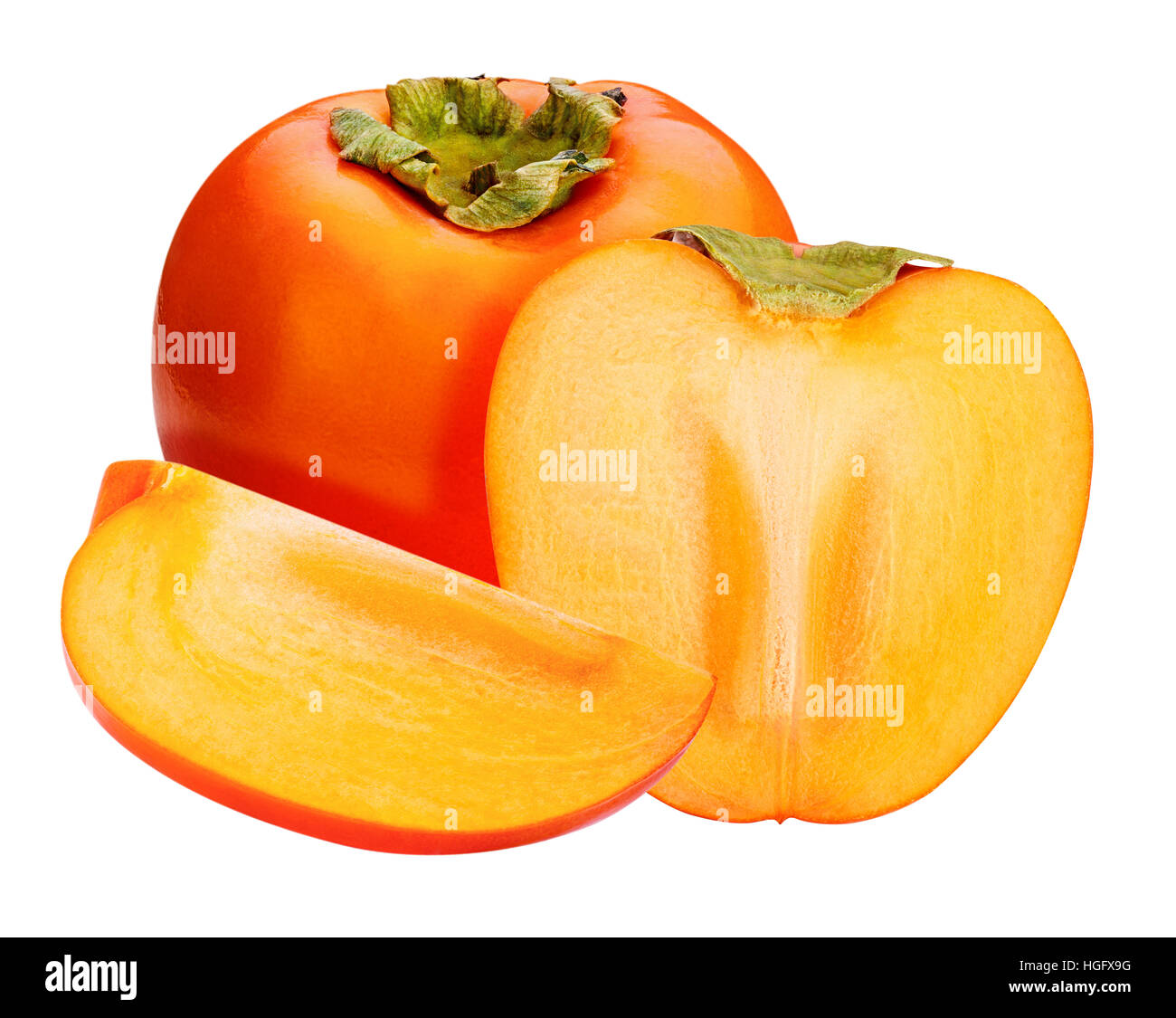 Persimmon cut slice bite Set isolated on white background clipping path ...