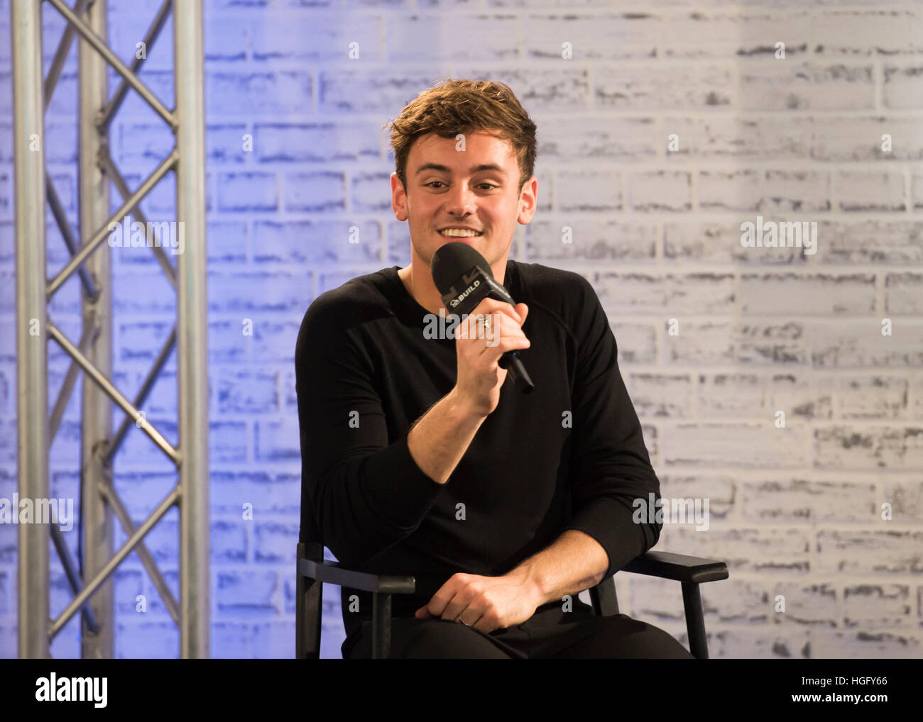 Tom Daley speaking at an AOL BUILD series event at AOL's Capper Street ...