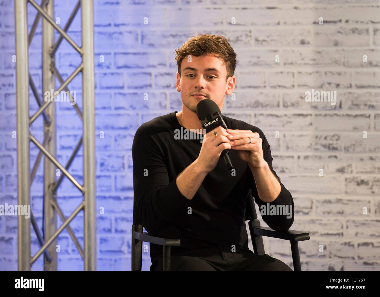 Tom Daley speaking at an AOL BUILD series event at AOL's Capper Street ...