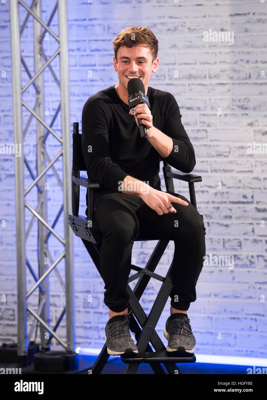 Tom Daley speaking at an AOL BUILD series event at AOL's Capper Street ...