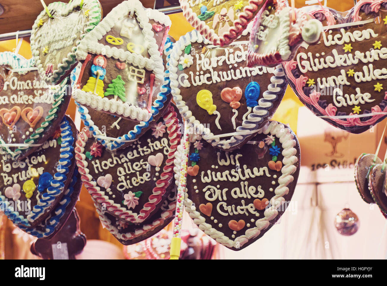 Traditional gingerbread hearts at German Christmas Market. Augsburg ...