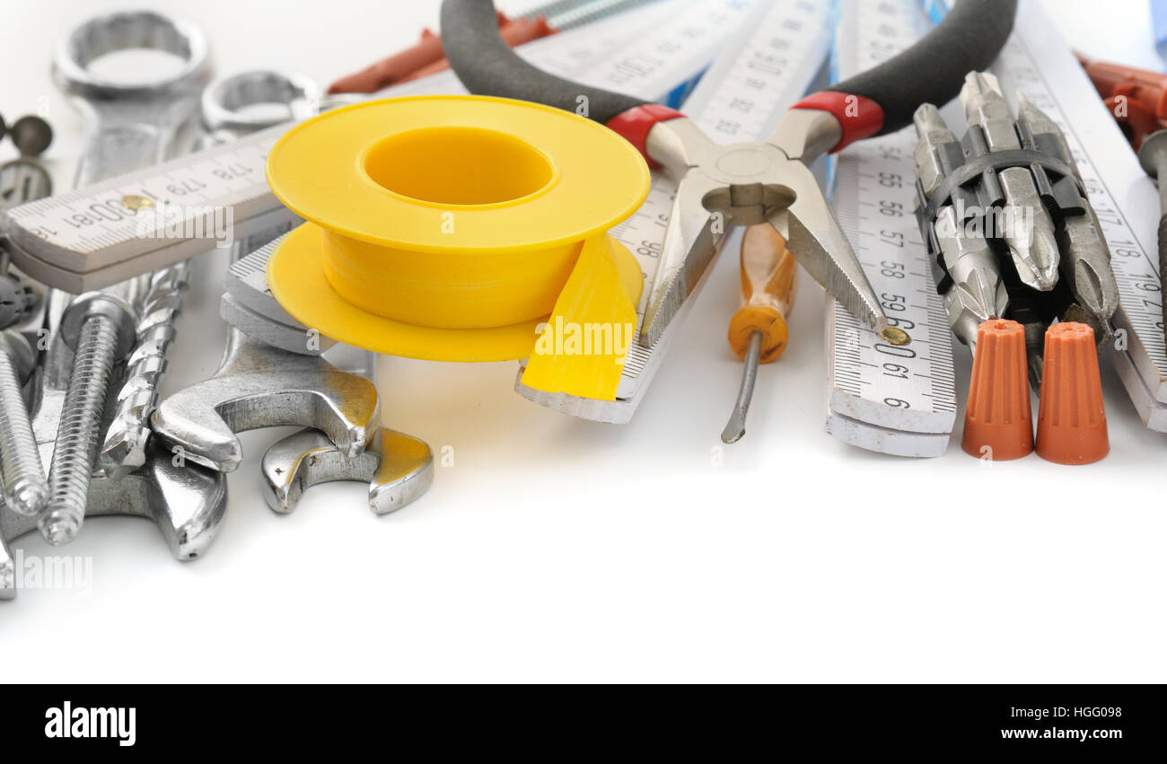 collection tools on white background Stock Photo - Alamy