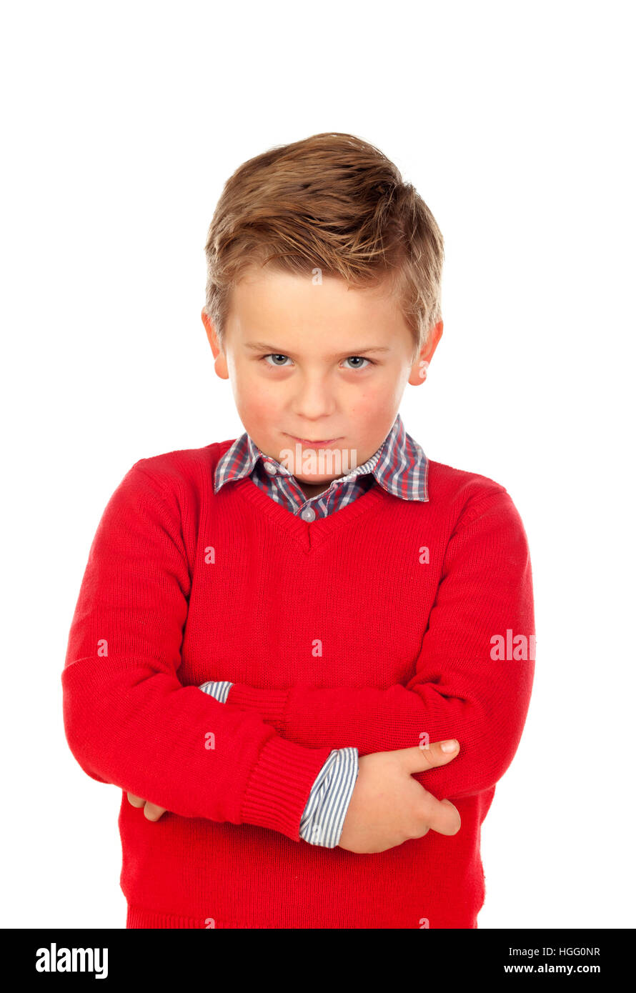 Little angry kid with red jersey isolated on a white background Stock ...