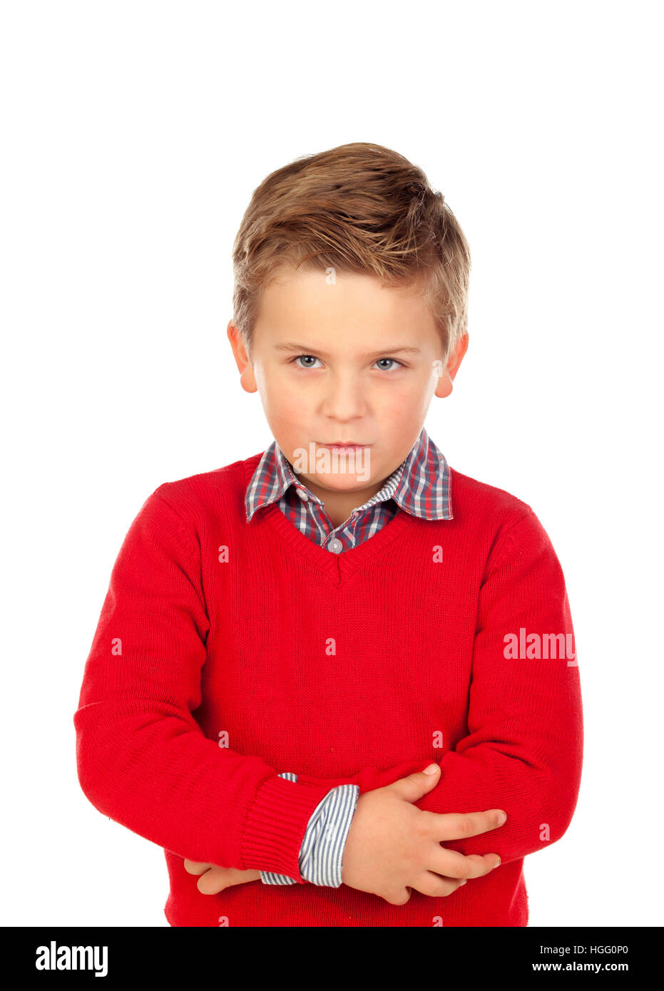Little angry kid with red jersey isolated on a white background Stock ...