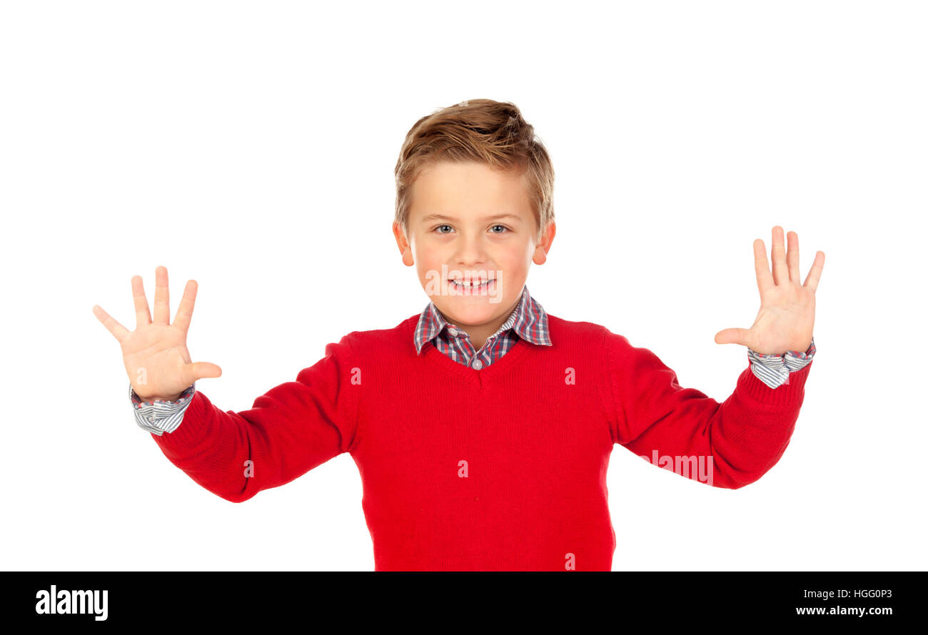 Smiling child showing his two open hands isolated on a white background ...