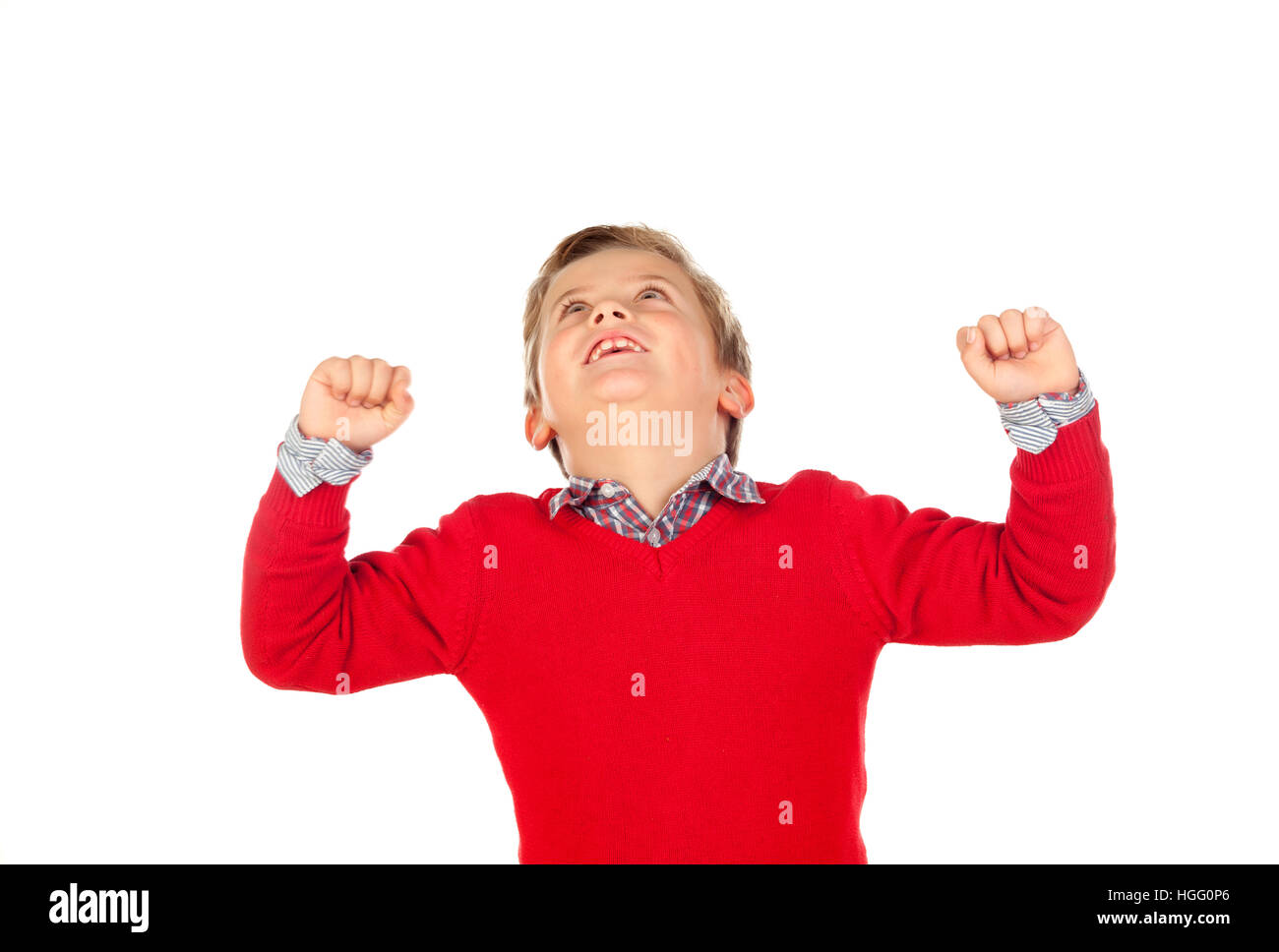 Happy winner kid with red jersey isolated on a white background Stock ...